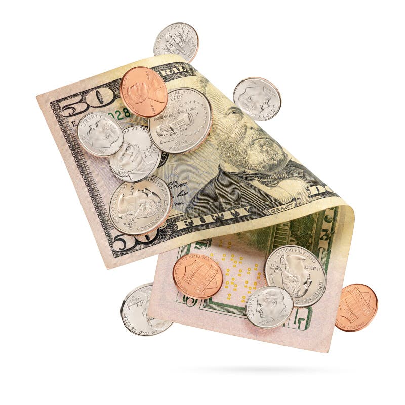 Fifty Dollar Bill and Different Cent Coins Isolated Stock Image - Image ...