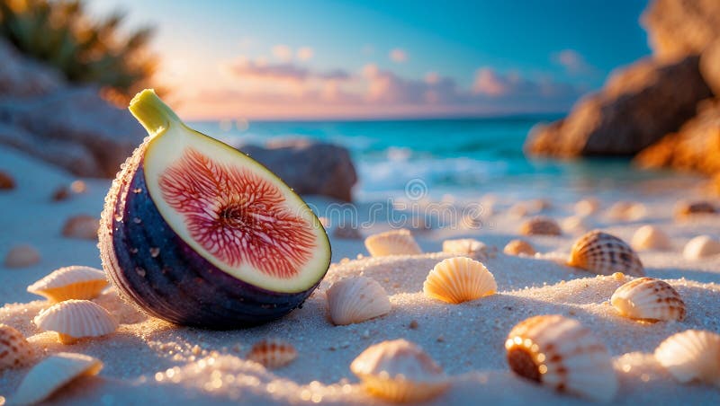 Juicy Fig Halved on Tropical Beach at Sunset with Seashells Stock ...