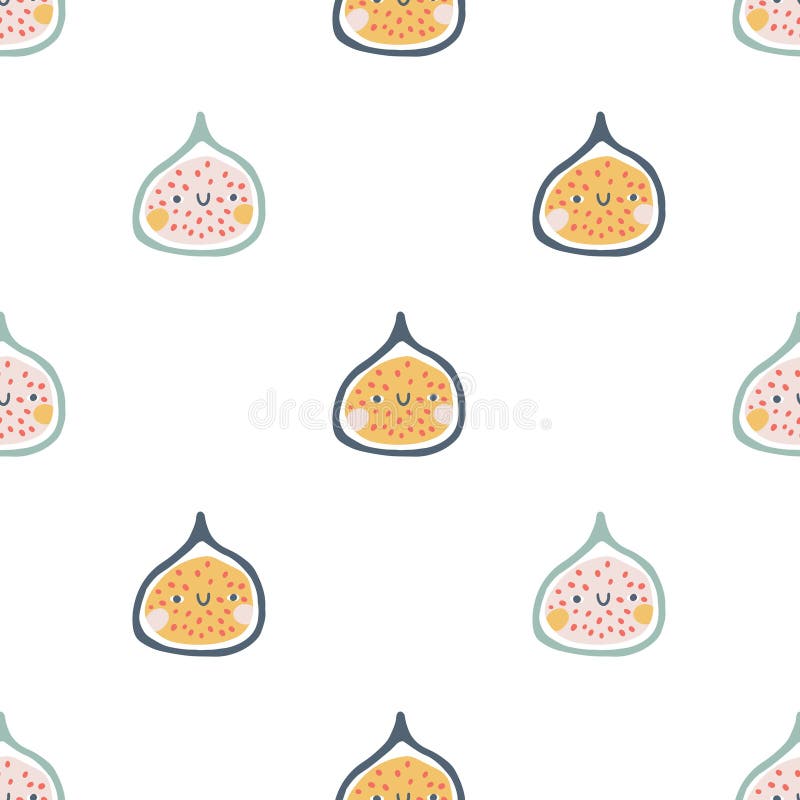 Fig Character Seamless Pattern with Smiley Face. Hand-drawn Cartoon ...