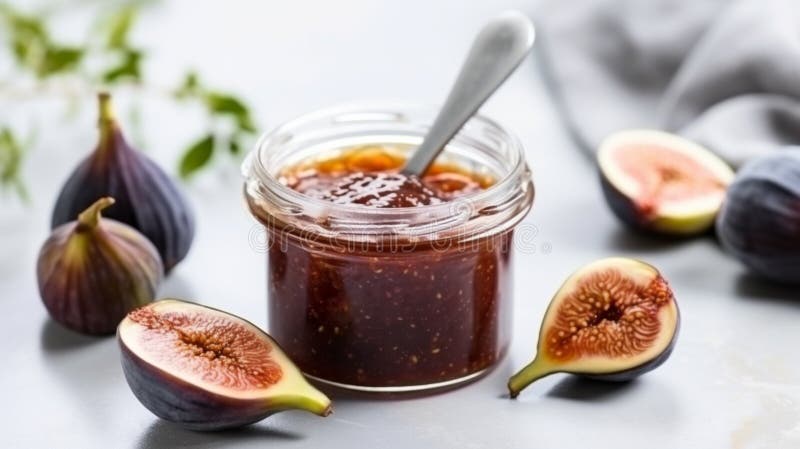Fig Jam in a Glass Jar on a Light Gray Table. Fruit Canning and Storage ...