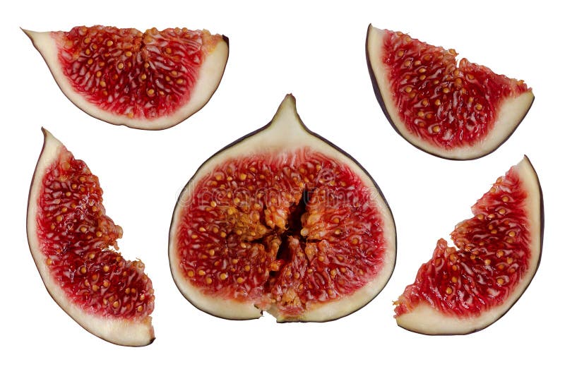 Fig Raw Fruit Cut in Half and Slices with Pulp Close-up Set Isolated on ...