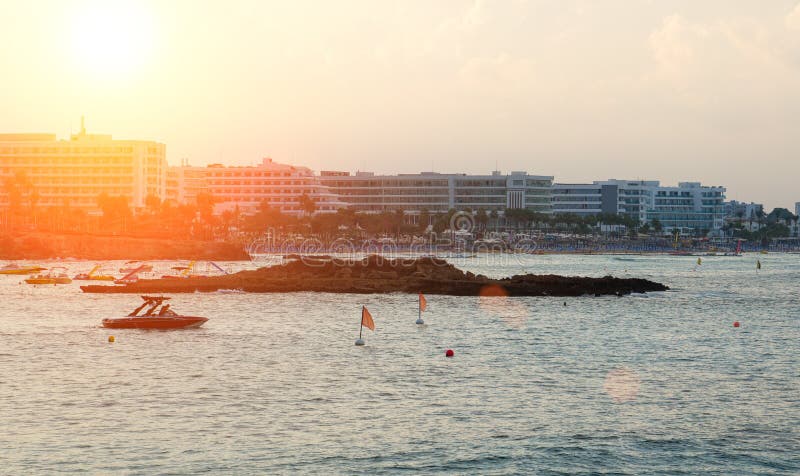 Fig Tree Beach in Protaras on Sunset. Stock Image - Image of azure ...