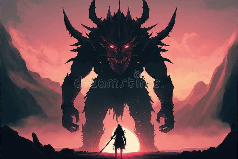 The Fighter Confronting Enormous Multi-headed Creature Stock ...