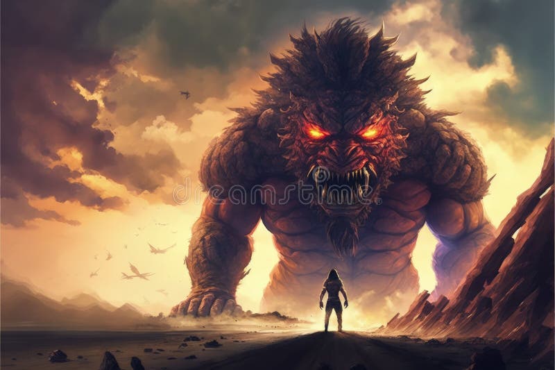 The Fighter Confronting Enormous Multi-headed Creature Stock ...