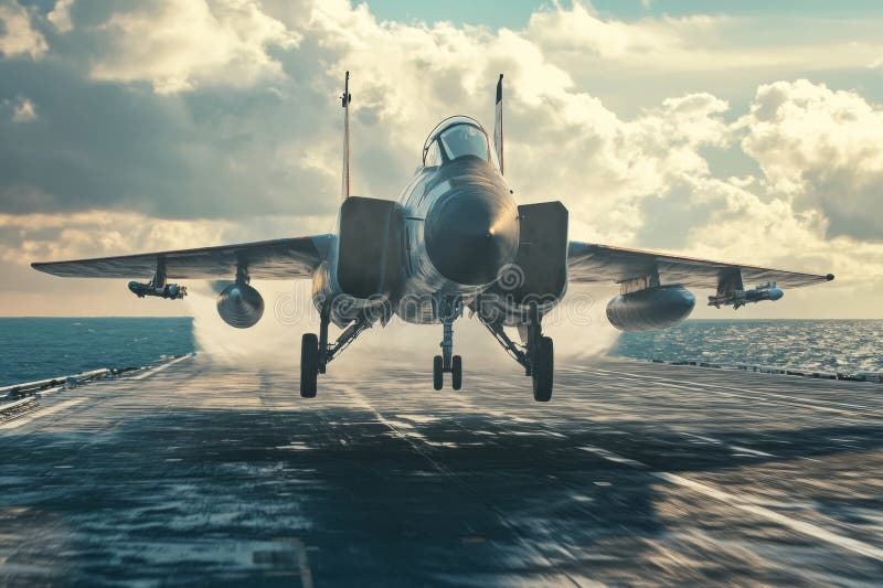 Military Fighter Jet Launches from Aircraft Carrier in Dynamic Coastal ...
