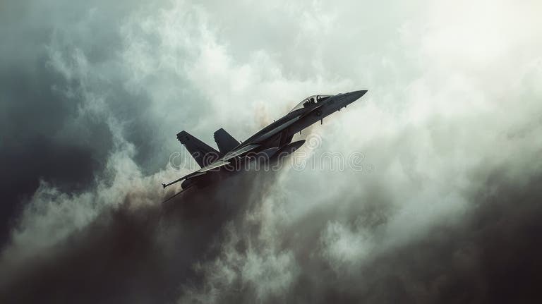 Fighter Jet Ascending through Dense Clouds with Dramatic Lighting Stock ...