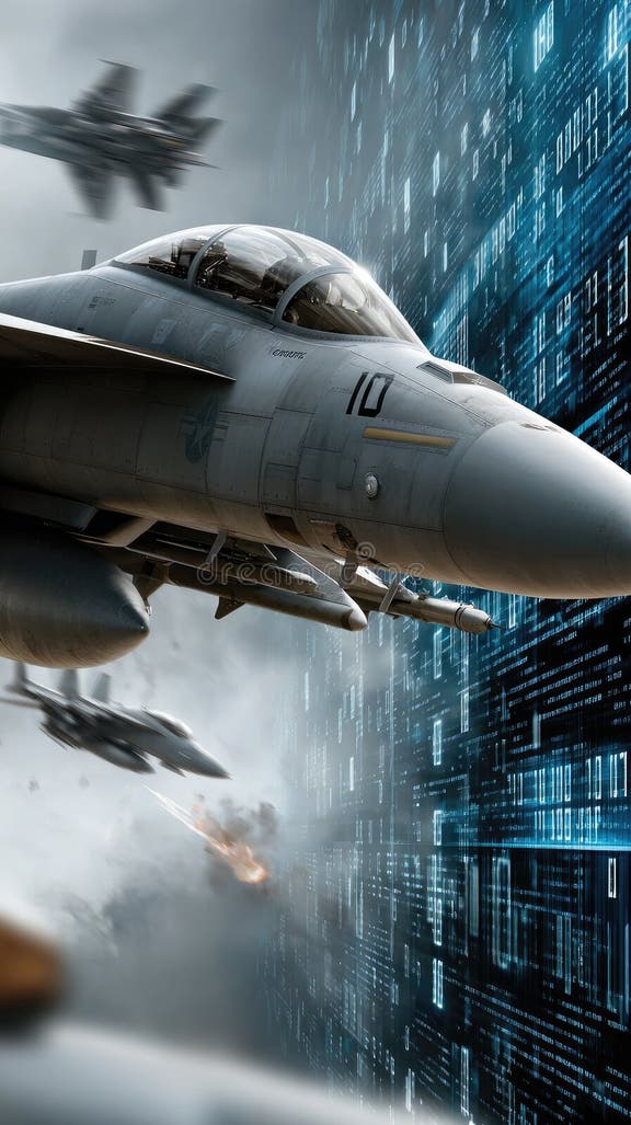 Fighter Jet Ascends through Stormy Clouds, Its Surface Shimmering with Binary Code and Glowing ...