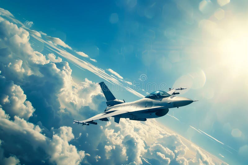 Fighter Jet F-16 Soaring Above Dense Clouds with Bright Sunlight ...