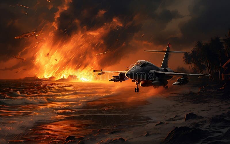 Fighter Jet on Fire Sinking in the Ocean. Generative Ai Stock ...