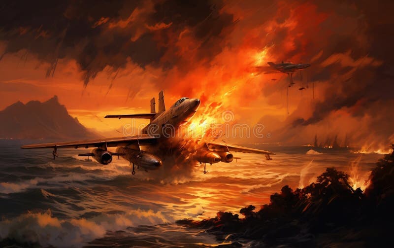 Fighter Jet on Fire Sinking in the Ocean. Generative Ai Stock ...