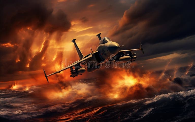 Fighter Jet on Fire Sinking in the Ocean. Generative Ai Stock ...