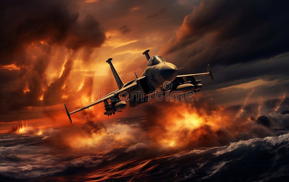 Fighter Jet on Fire Sinking in the Ocean. Generative Ai Stock ...