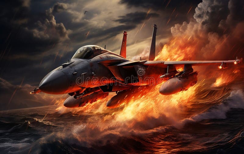Fighter Jet on Fire Sinking in the Ocean. Generative Ai Stock ...