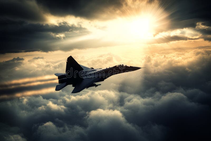 A Fighter Jet Flies through the Clouds with Rays of Sunshine in the ...