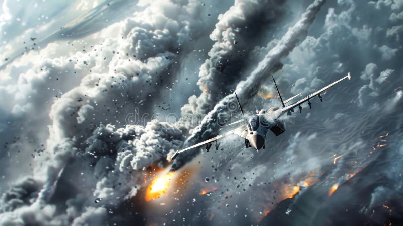 A Fighter Jet Flies through a Dense Cloud of Smoke and Fire, with the ...