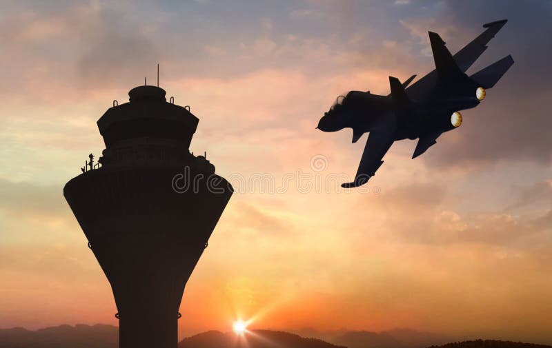 Fighter Jet Flyby Near Airbase Communication Tower Stock Photo - Image ...