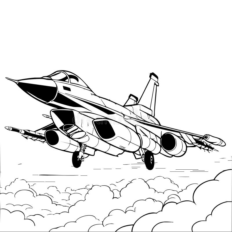 Fighter Jet Flying Above the Clouds Coloring Page Stock Vector ...
