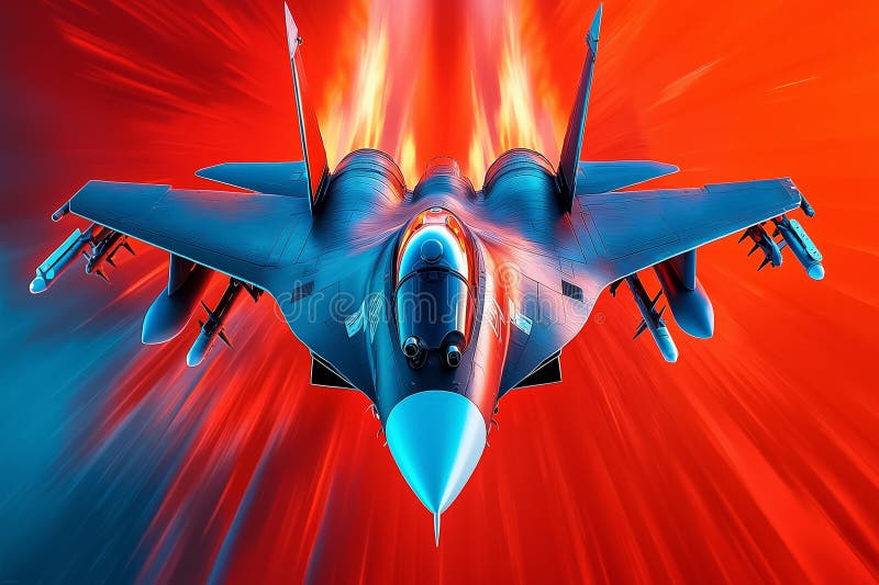 A Fighter Jet Flying through the Air with a Red Background Stock ...