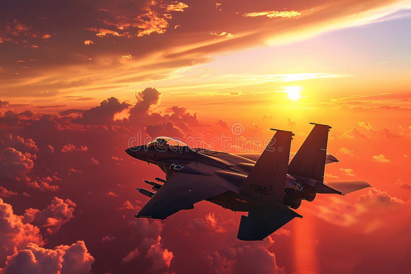 Fighter Jet in Beautiful Sunset Sky Stock Illustration - Illustration ...