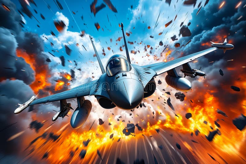 A Fighter Jet Flying through a Cloudy Sky with Explosions Coming Out of ...