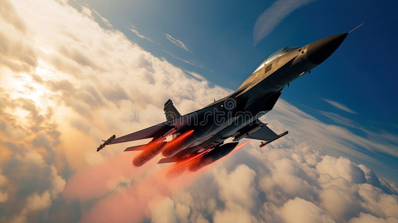 A Fighter Jet Flying through a Cloudy Sky with Lightning Bolting Behind ...