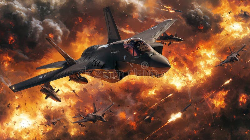 Fighter Jet Flying through Dramatic Explosion-filled Sky Stock Photo ...