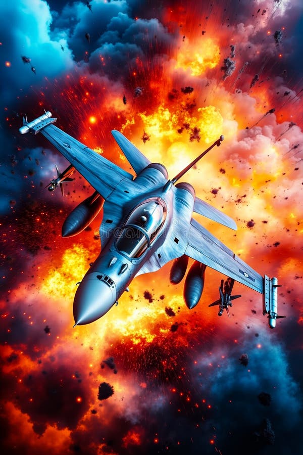A Fighter Jet Flying through a Fiery Sky Filled with Explosions Stock ...