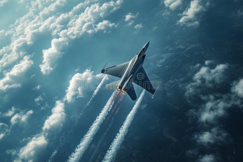 Fighter Jet Flying High Above the Clouds with Afterburners on ...