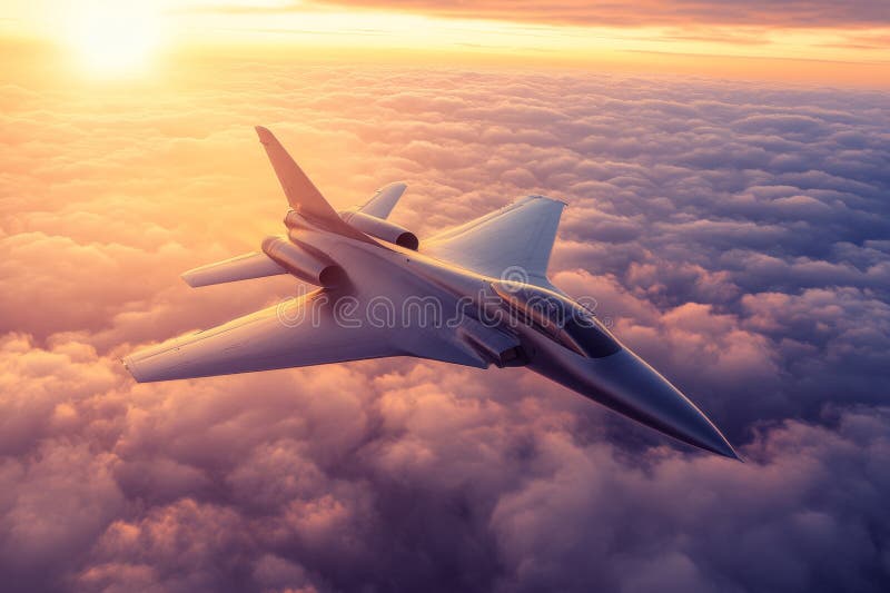 Fighter Jet Flying High Above the Clouds during Sunset Stock Photo ...