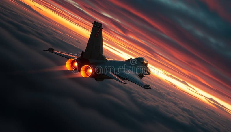 Fighter Jet Flying at High Speed with Afterburners Glowing, Dramatic ...