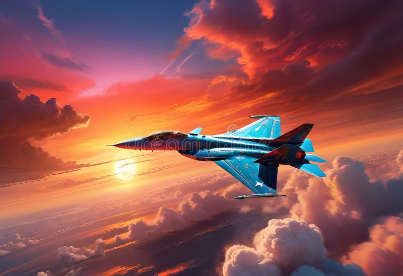 Fighter Jet Flying at High Speed through a Vibrant Sunset Sky Stock ...