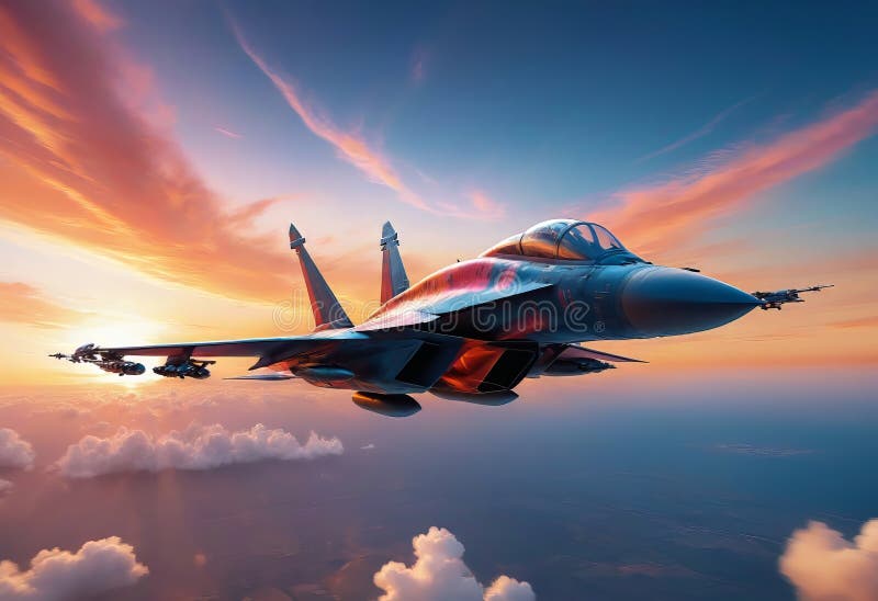 Fighter Jet Flying at High Speed through a Vibrant Sunset Sky Stock ...