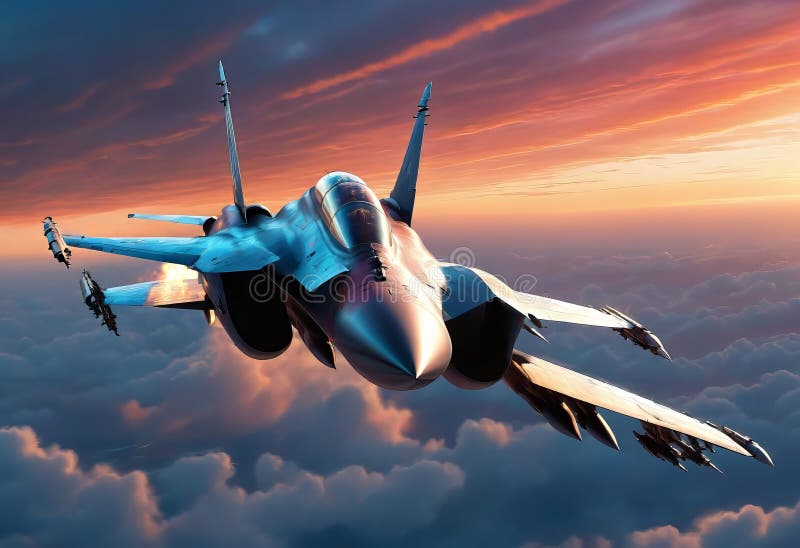 Fighter Jet Flying at High Speed through a Vibrant Sunset Sky Stock ...