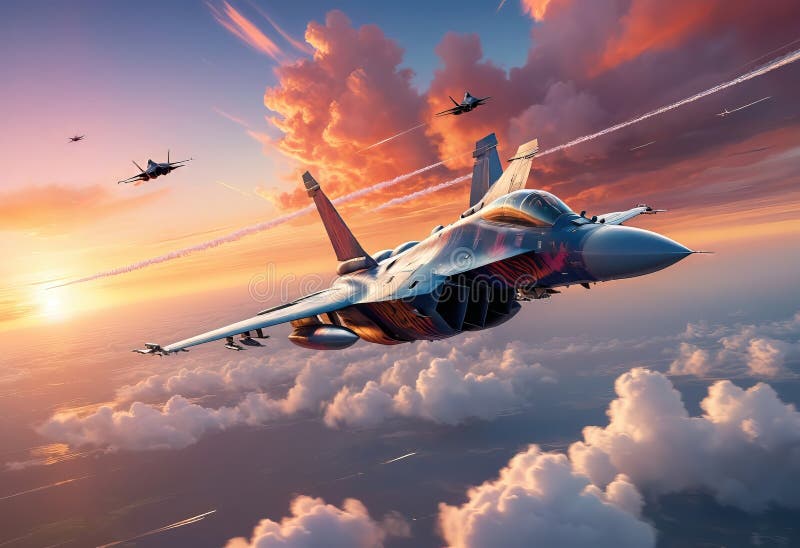 Fighter Jet Flying at High Speed through a Vibrant Sunset Sky Stock ...