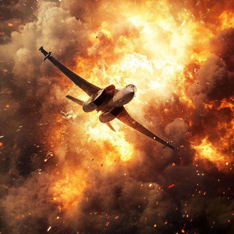 Fighter Jet Flying through Intense Explosion and Fiery Sky Stock Image ...