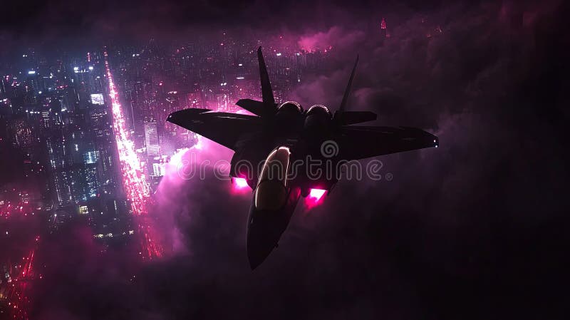 A Fighter Jet Flying Over a City at Night Stock Photo - Image of ...