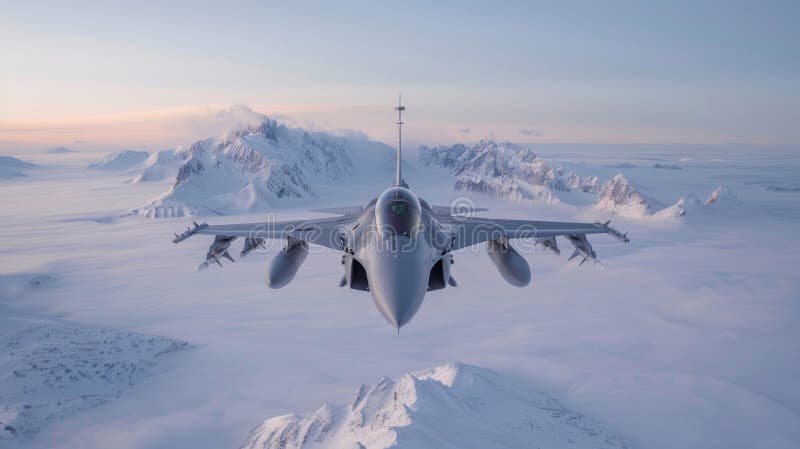 Fighter Jet Flying Over Snowy Mountains Stock Illustration ...