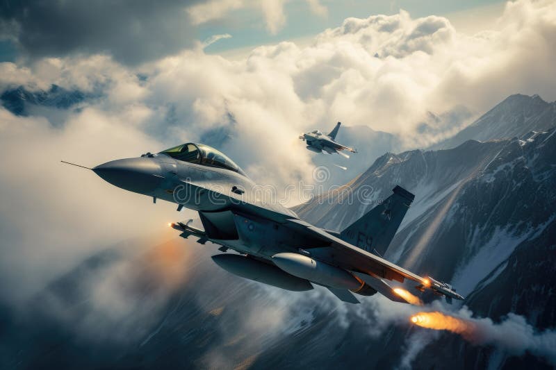 Fighter Jet Fighter Flying in the Sky Over Mountains. 3d Rendering ...
