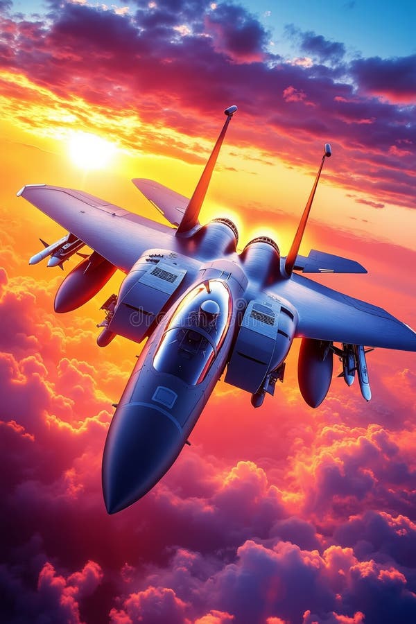 A Fighter Jet Flying through the Sky at Sunset Stock Illustration ...