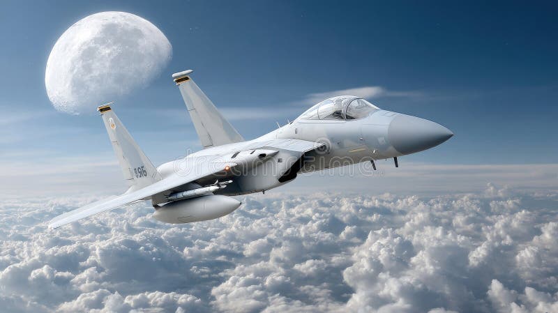 Fighter Jet Glides through the Night Sky, Illuminated by Moonlight ...