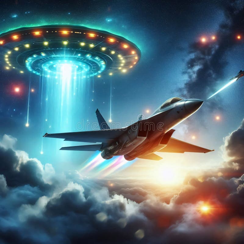 Fighter Jet Intercepting Flying UFO Stock Illustration - Illustration ...