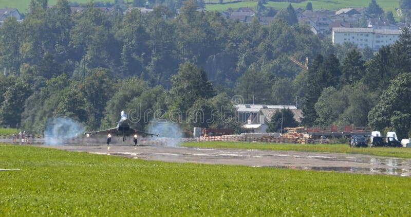 Fighter Jet Landing with Brake Parachute in Mountain Air Base. Copy ...