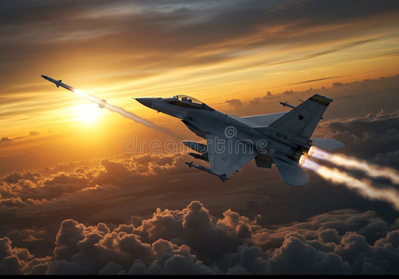 A Fighter Jet Launching a Missile Against a Backdrop of a Sunset and ...