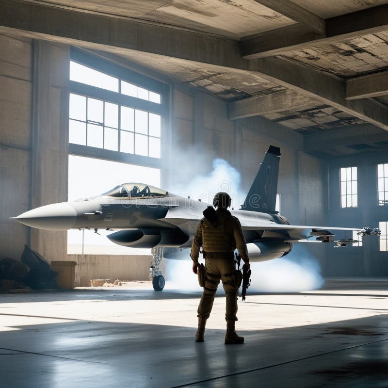 A Fighter Jet is Parked in an Abandoned Building. Stock Illustration ...