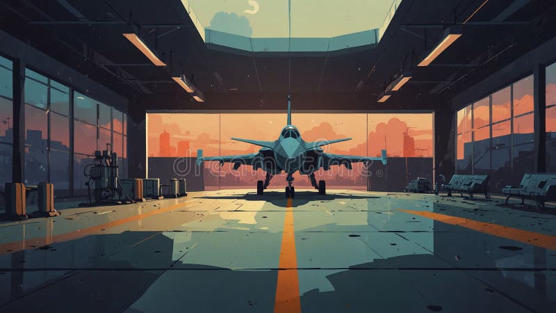 Fighter Jet Parked Inside Aircraft Hangar at Sunset with Reflections on ...