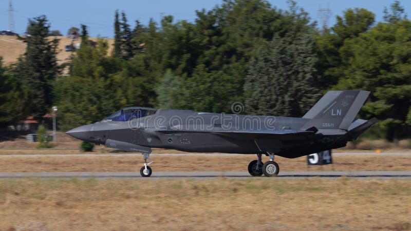 Fighter Jet on Runway with Trees Background Copy Space Editorial Stock ...
