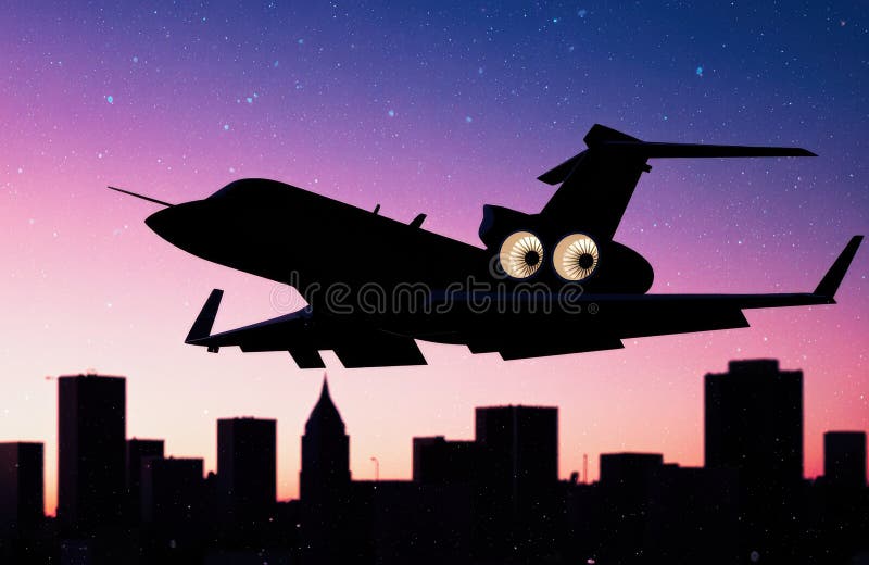 A Fighter Jet Silhouette Flying Over a City Skyline at Dusk with a Colorful Stock Illustration ...