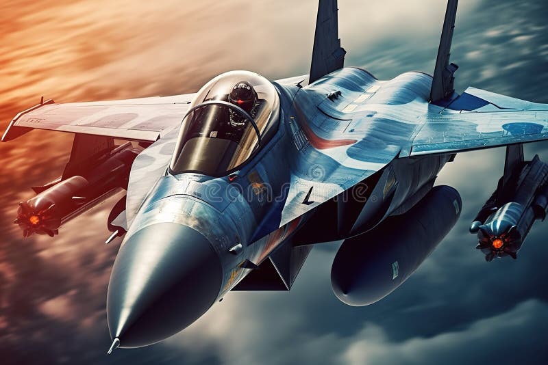 The Fighter Jet Slices through the Air, Its Engine Roaring with Power ...