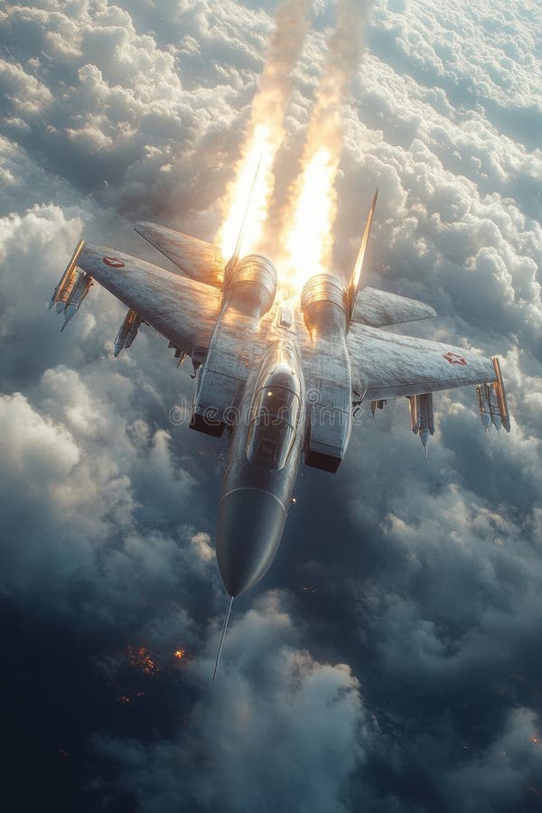 Fighter Jet Soaring through Clouds with Afterburner Engaged, Showcasing ...