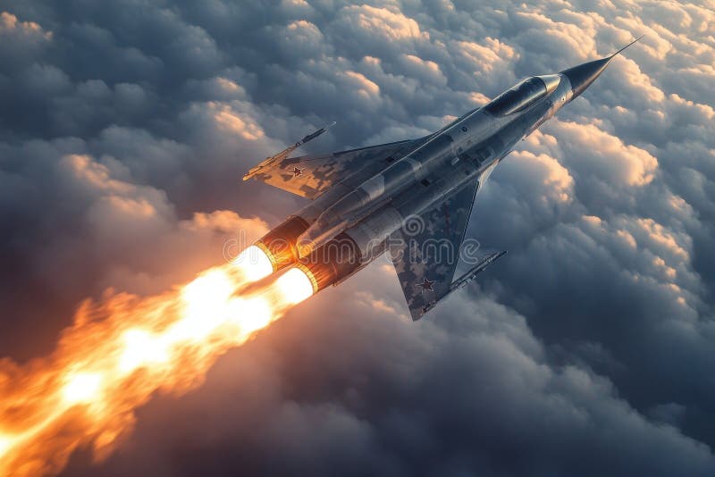 Fighter Jet Soaring through Clouds with Powerful Afterburners Ignited ...